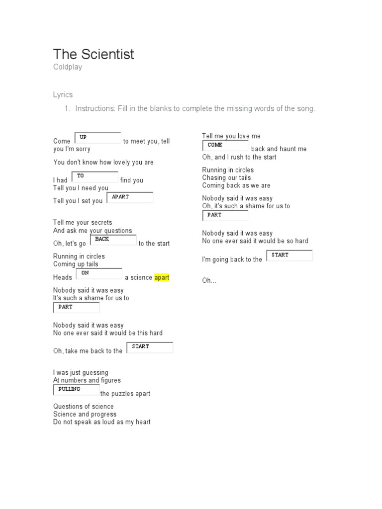 The Scientist - Lyrics - Fill in The Gaps | PDF