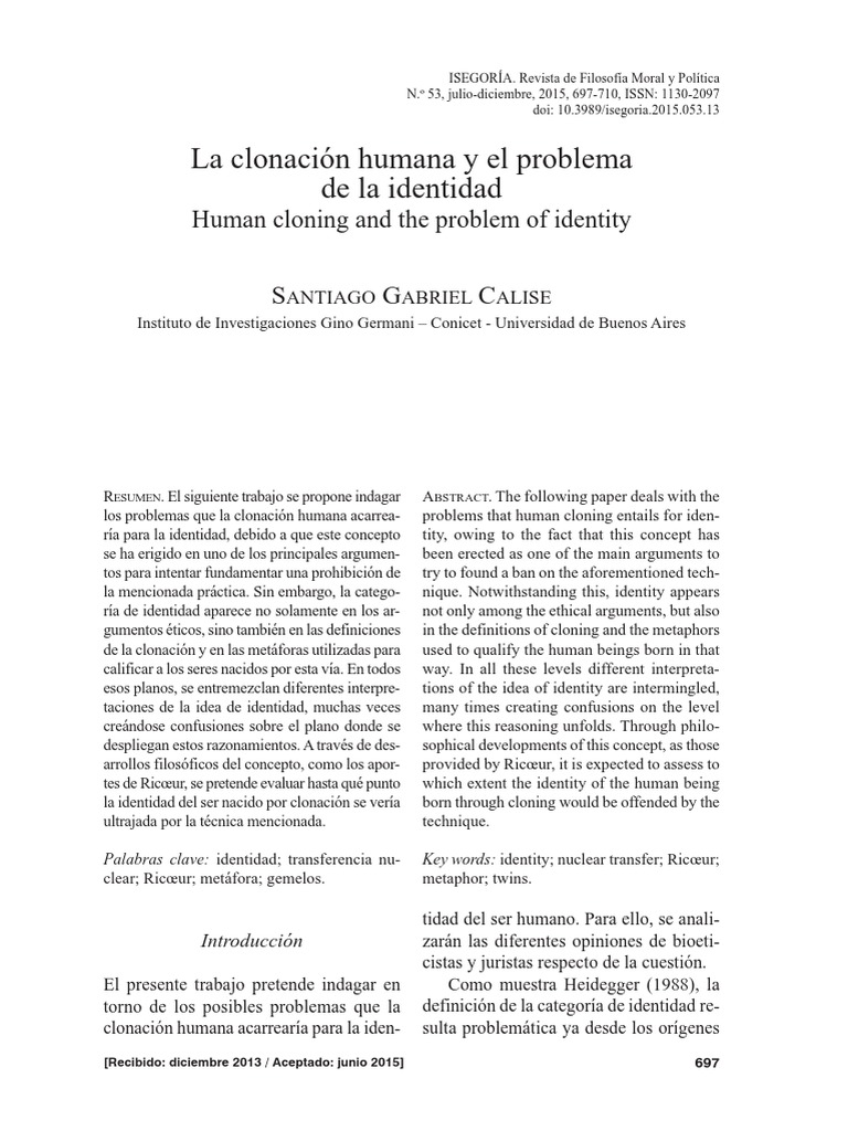 La Clonación Humana y El Problema de La Identidad: Human Cloning and ...
