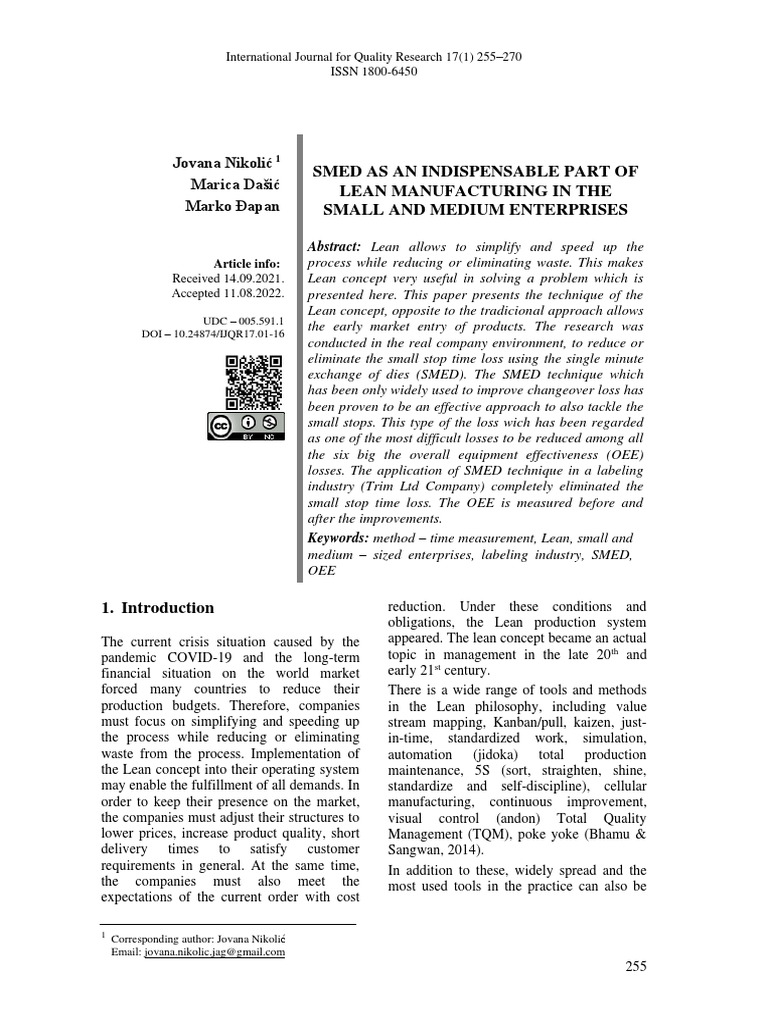 Smed As An Indispensable Part of Lean Manufacturing in The Small and Medium Enterprises | PDF ...