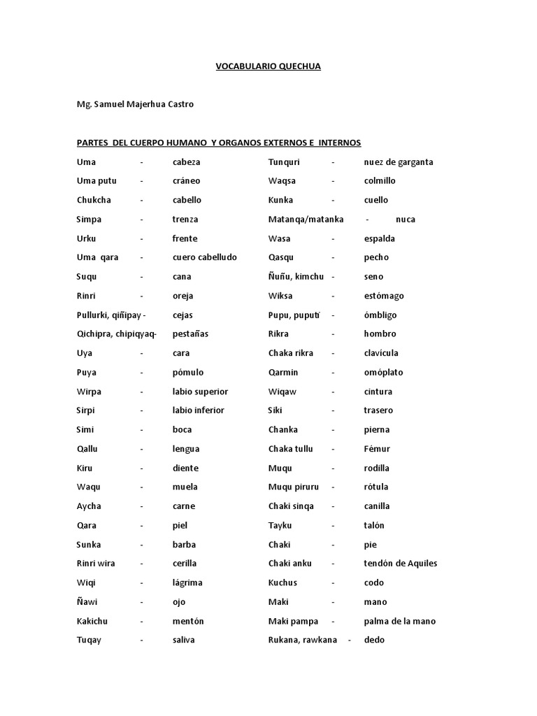 Vocabulario Quechua: Partes del Cuerpo | PDF | Anatomia animal | Zoología