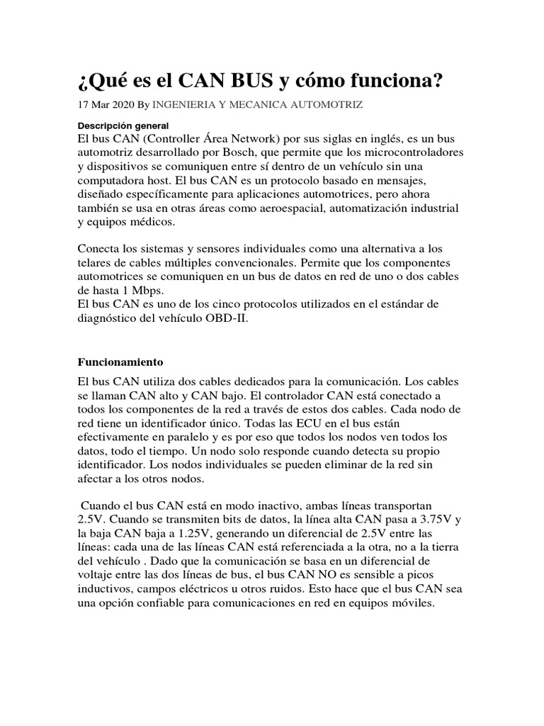 Qué es el CAN BUS y cómo funciona | PDF | Ingeniería Informática ...