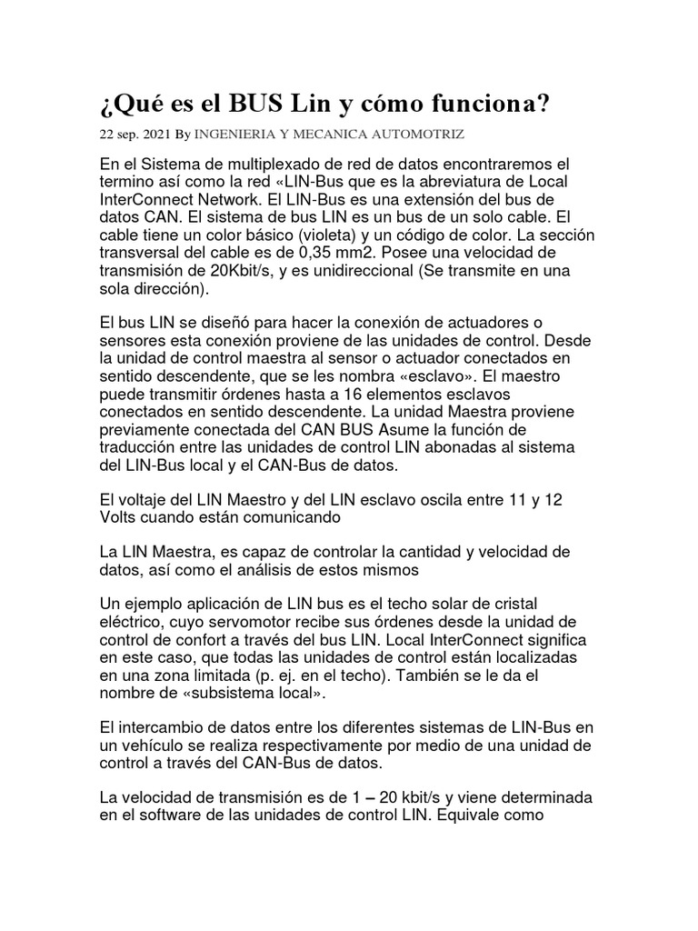 Qué Es El BUS Lin y Cómo Funciona | PDF | Vehículos | Ingenieria Eléctrica