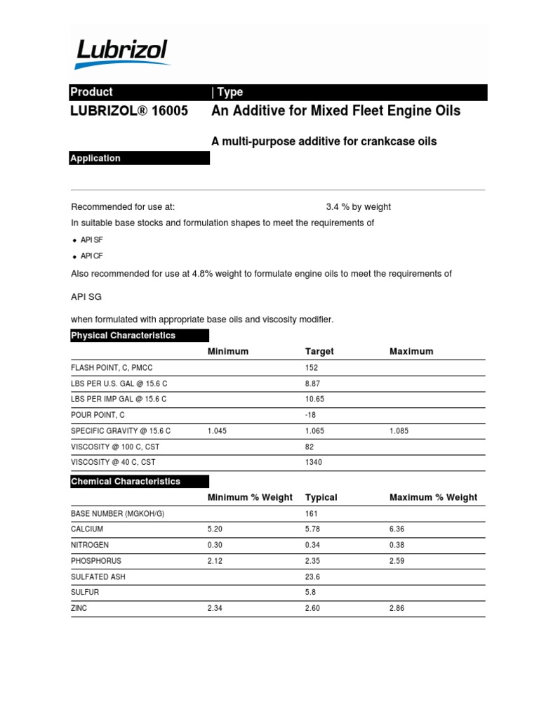 LUBRIZOLr 16005 (English) (PDS) | PDF | Motor Oil | Pump