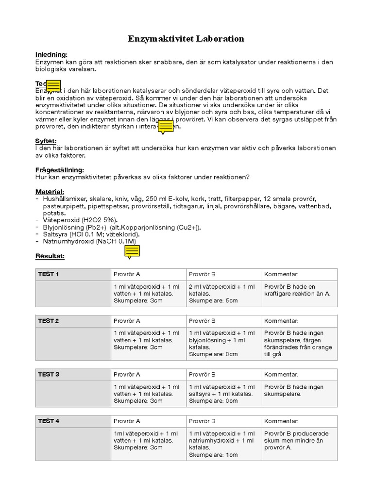 Enzymaktivitet Laboration - Kemi 2 | PDF
