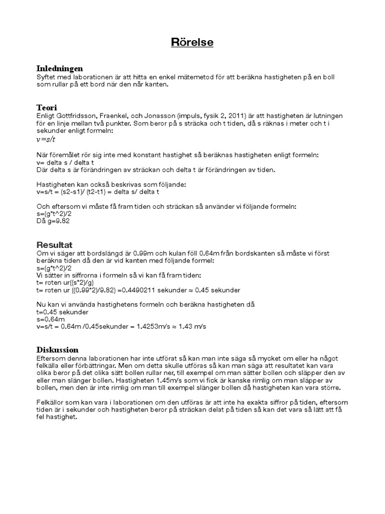 Fysik 2 Laboration - Rörelse | PDF