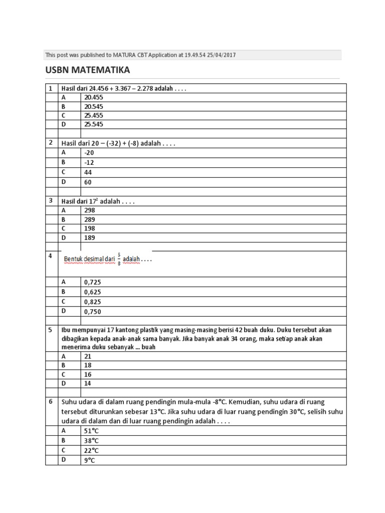 CBT Usbn Matematika | PDF