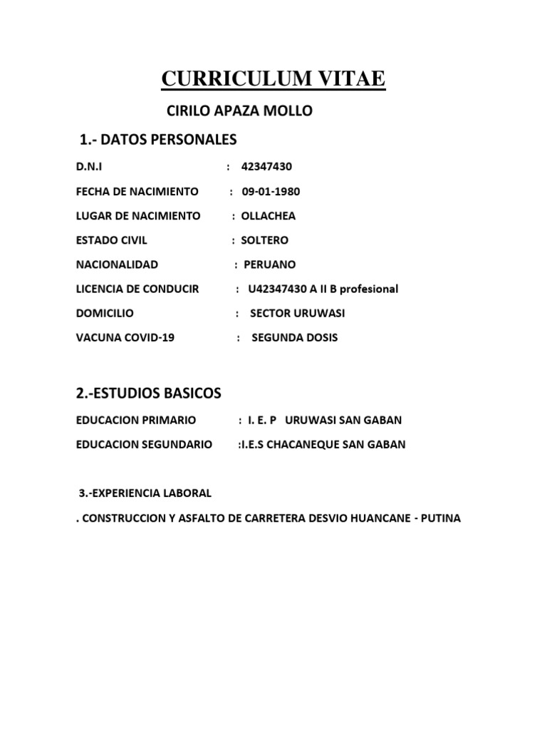Curriculum Vitae: Cirilo Apaza Mollo 1.-Datos Personales | PDF