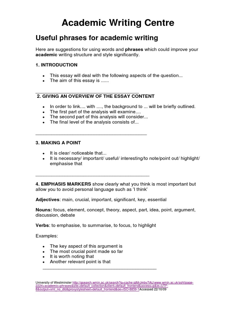 Useful Phrases For Academic Writing - Acad. Writ. Centre University of ...