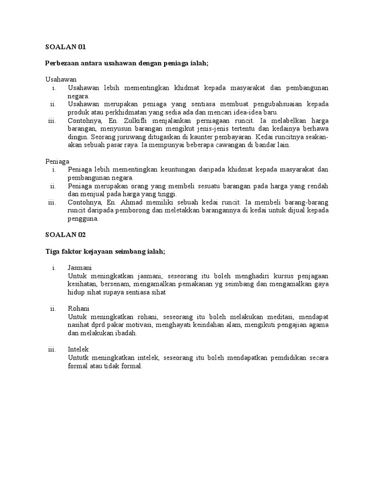 Soalan 01 Perbezaan Antara Usahawan Dengan Peniaga Ialah | PDF