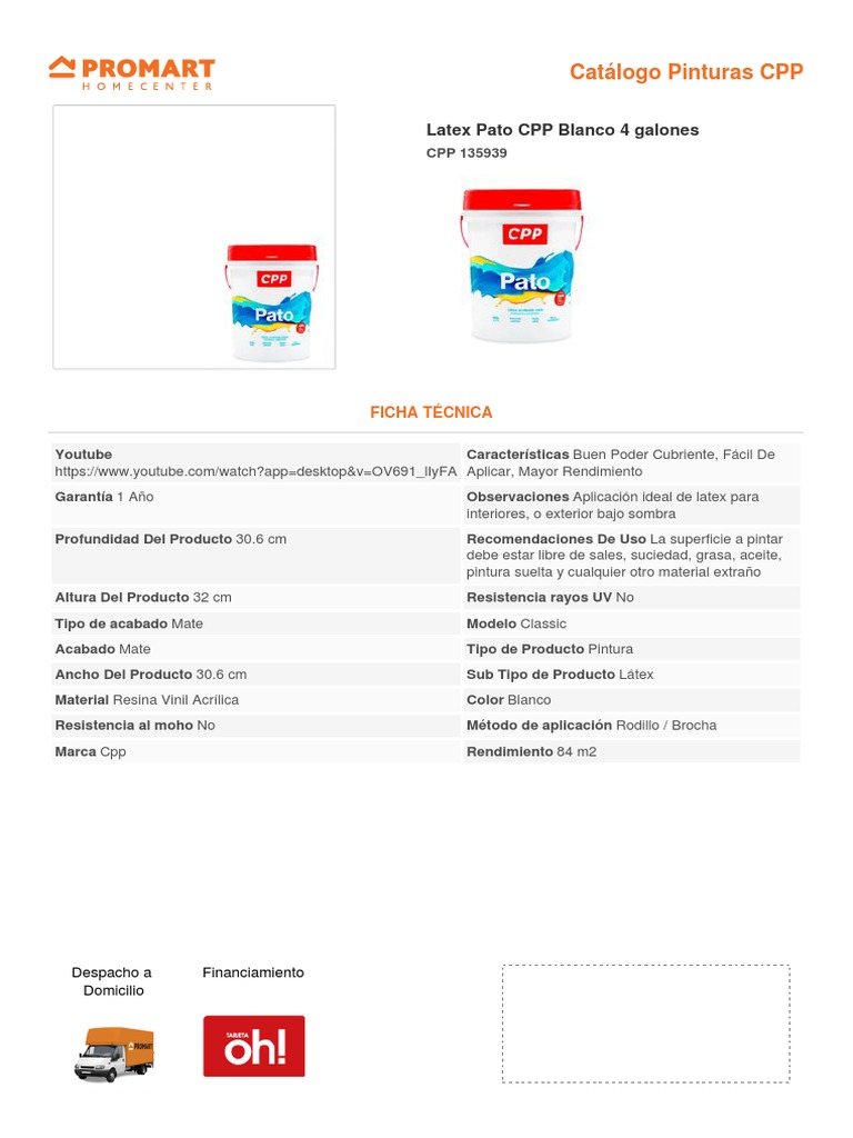 Catálogo Pinturas CPP: Latex Pato CPP Blanco 4 Galones | PDF