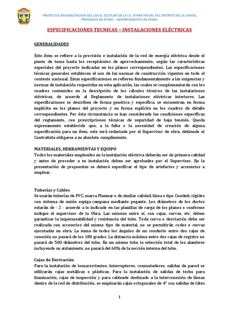 Especificaciones Tecnicas - Instalaciones Eléctricas: Generalidades | PDF