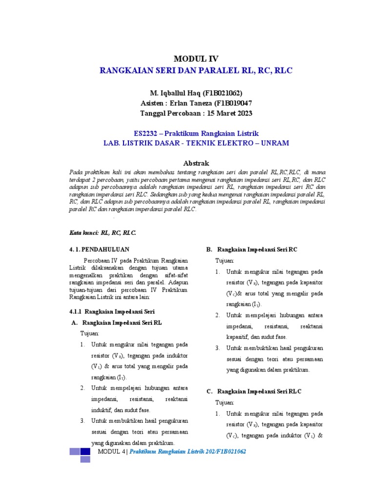 Rangkaian Seri Dan Paralel RL, RC, RLC: Modul Iv | PDF