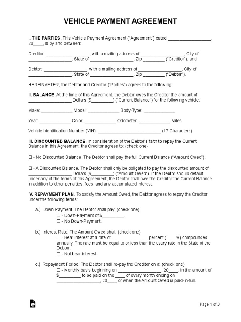 Vehicle Payment Agreement | PDF | Debtor | Private Law