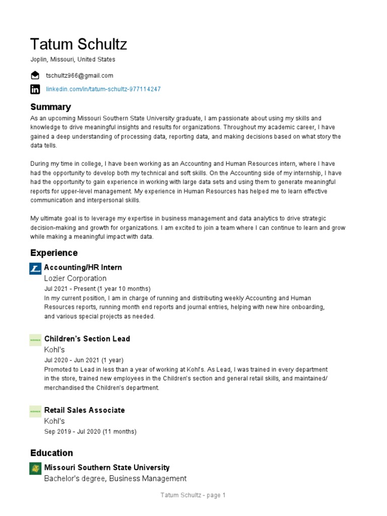 Resume-Tatum-Schultz 3 | Download Free PDF | Internship | Job Hunting