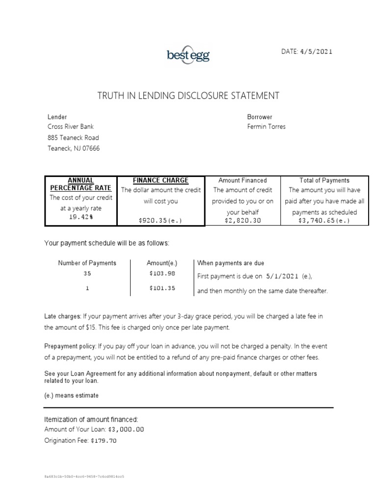 Truth in Lending Disclosure Statement: Annual Percentage Rate Finance ...