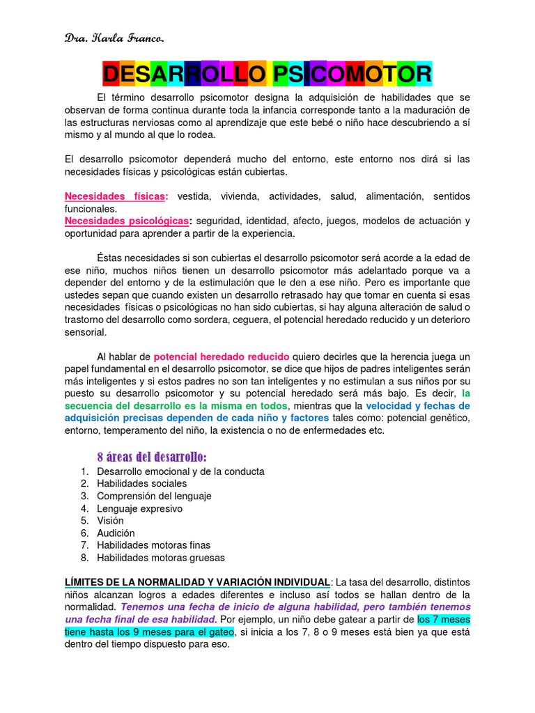 Desarrollo Psicomotor: Dra. Karla Franco | Descargar gratis PDF | Aprendizaje | Sicología