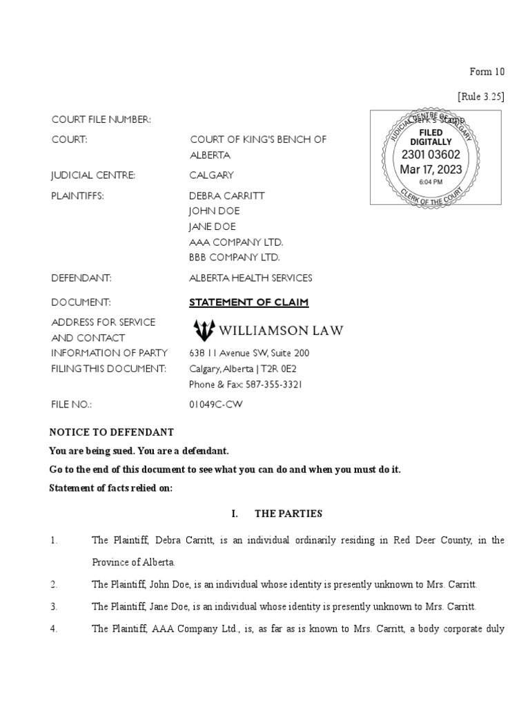 2023 03 17 Statement of Claim | PDF | Emergency Medical Services | Nursing