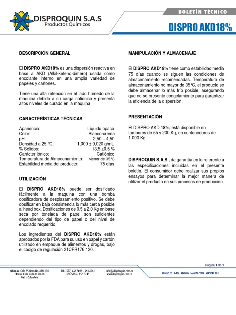 Dispro AKD18%: Encolante para Papel | PDF | Papel | Materiales