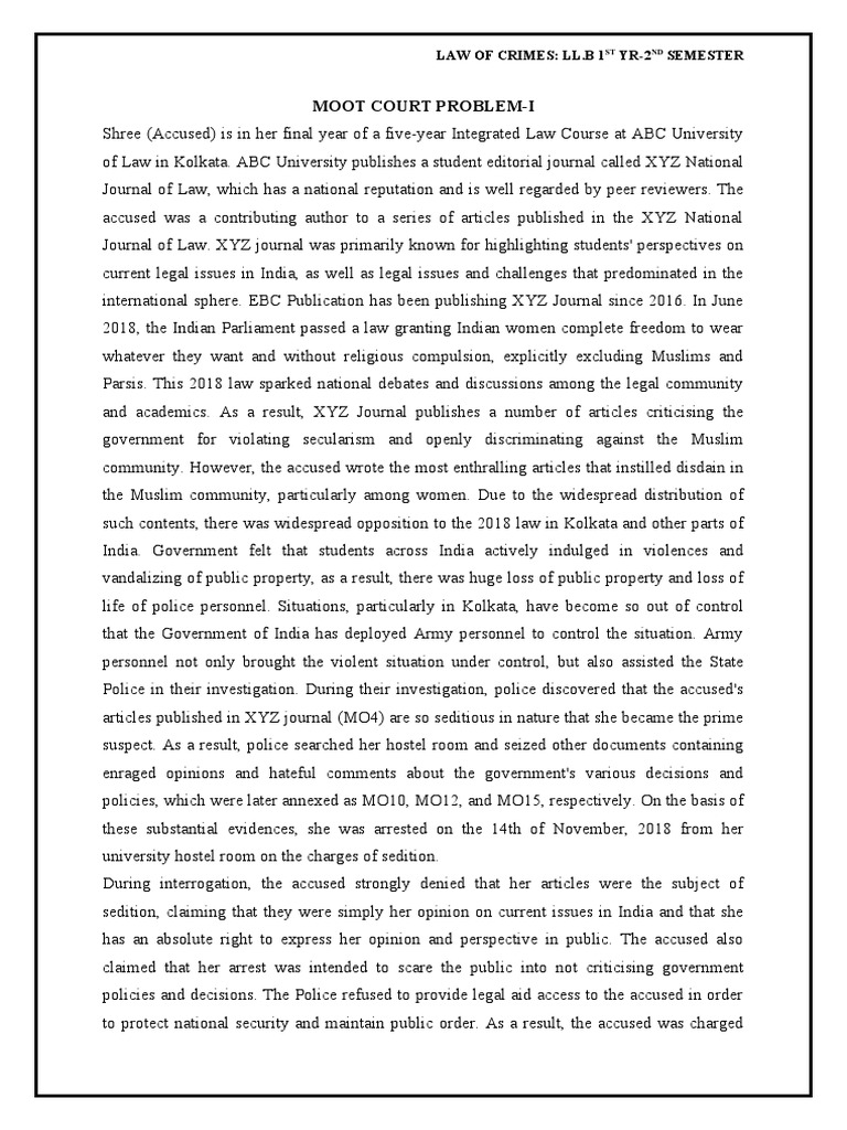 Moot Court Problem-I: Law of Crimes: LL.B 1 YR-2 Semester | PDF ...