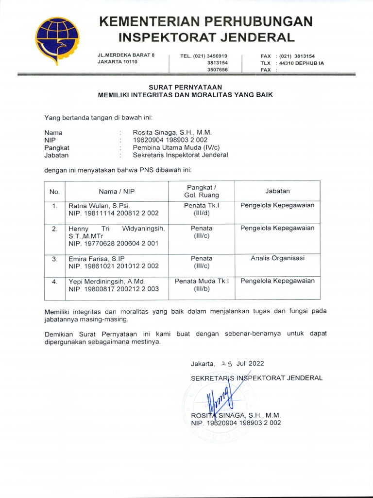 Surat Pernyataan Memiliki Integritas Dan Moralitas | PDF