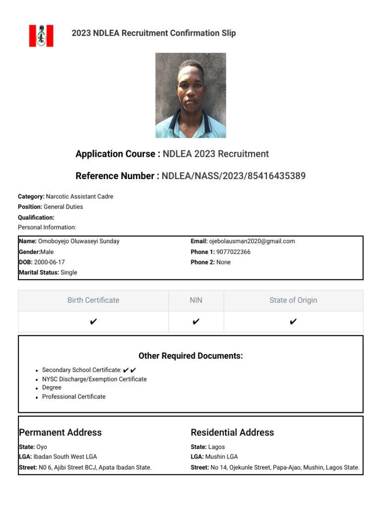 Omoboyejo Oluwaseyi Sunday's NDLEA 2023 Recruitment Confirmation Slip ...