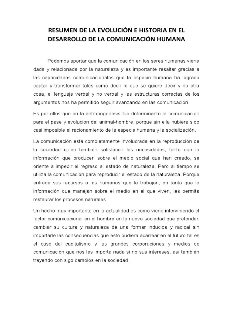 Resumen Evolucion e Historia de La Comunicacion Humana | PDF