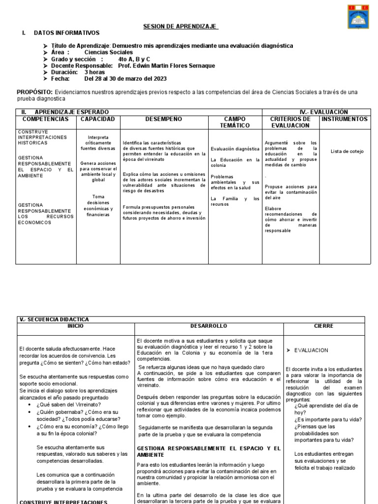 SESION DE APRENDIZAJE Evaluacion Diag 4to | PDF | Evaluación | Cognición