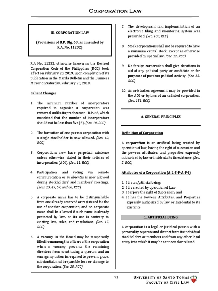 Corporation Law: Iii. Corporation Law (Provisions of B.P. Blg. 68, As ...