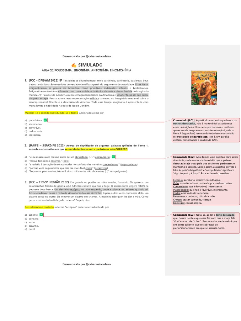 Simulado Comentado - Lpa02 (Polissemia, Antonimia, Sinonimia, Homonimia) | PDF | Economia ...
