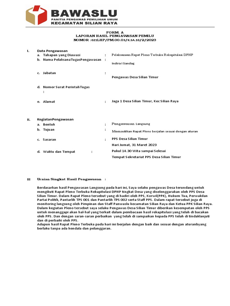 Laporan Pengawasan Rapat Pleno DPHP | PDF