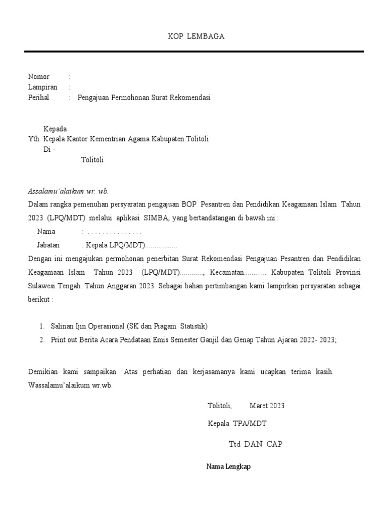 Contoh Permohonan Surat Rekomendasi Lembaga | PDF