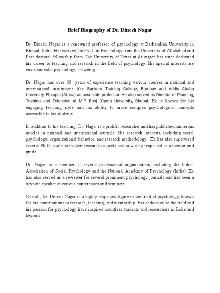 Brief Biography of DR Dinesh Nagar | PDF