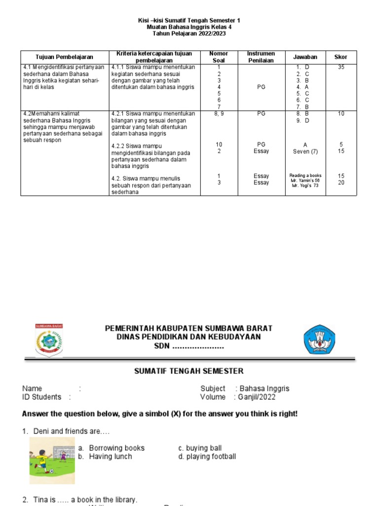 Contoh Kisi Kisi Bahasa Inggris | PDF