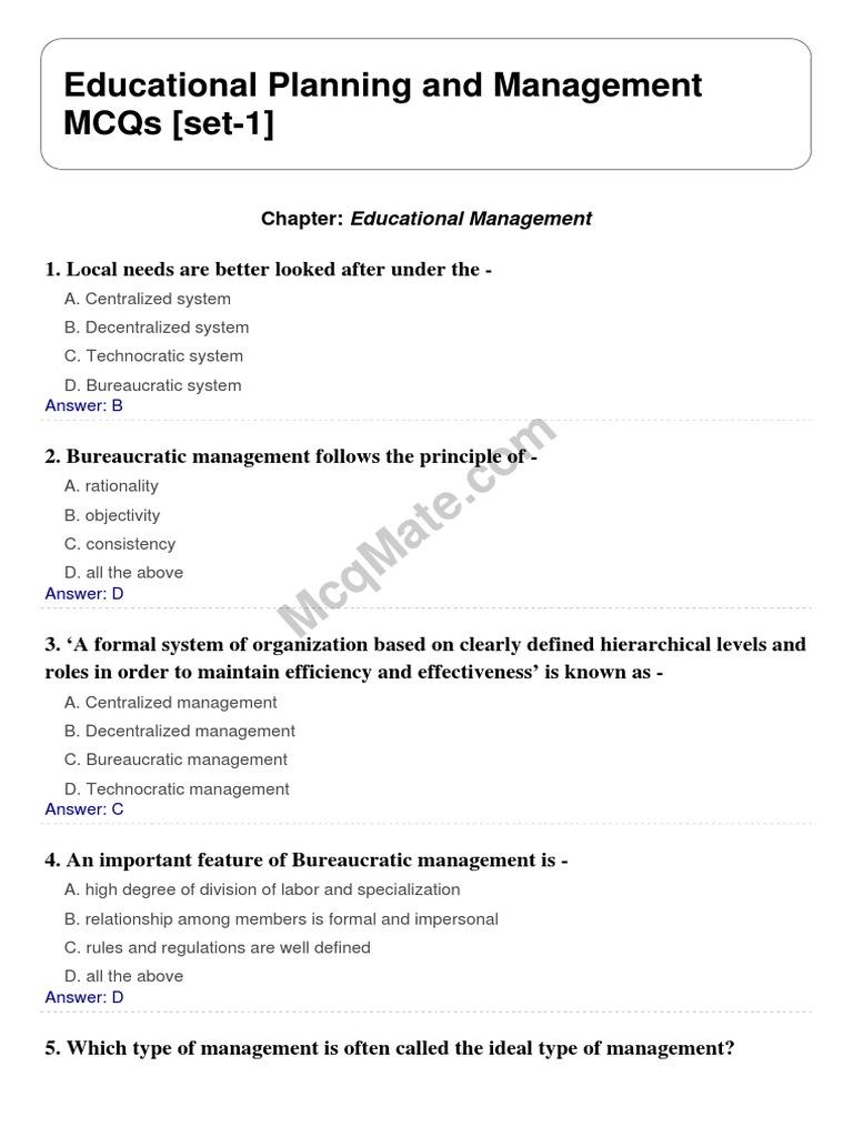 Educational Management MCQs Set 1 | PDF | Bureaucracy | Economies