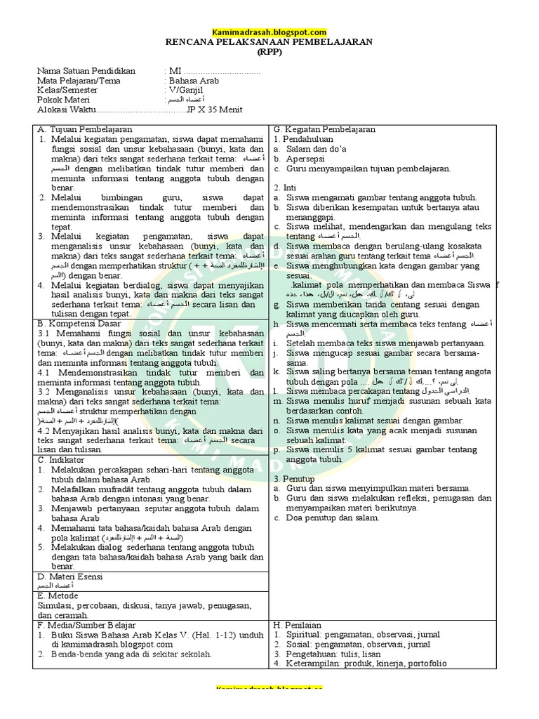 RPP Bahasa Arab Kelas V: Anggota Tubuh | PDF | Seni & Disiplin Bahasa