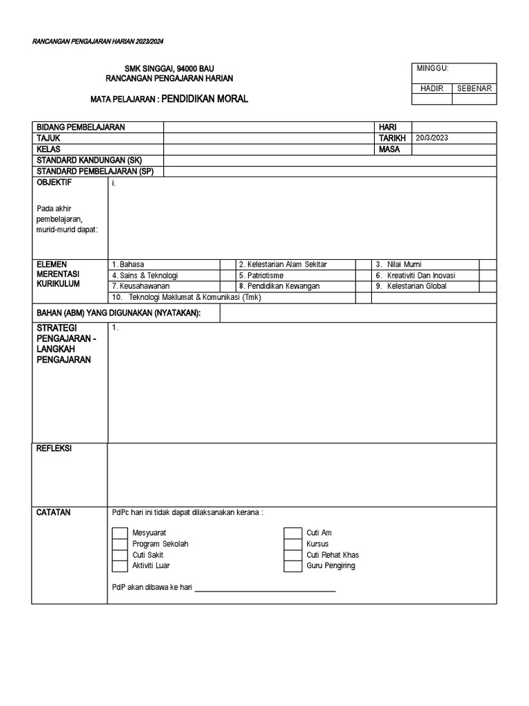 Template RPH Pendidikan Moral KSSM 2023 | PDF