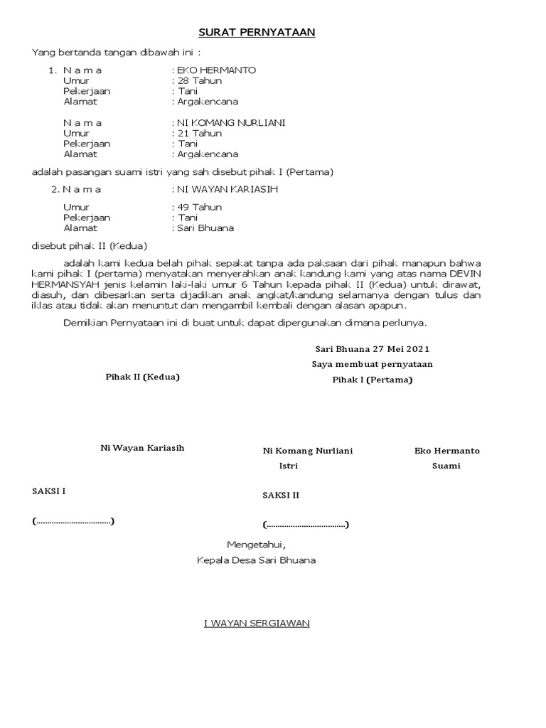 Surat Pernyataan Anak | PDF