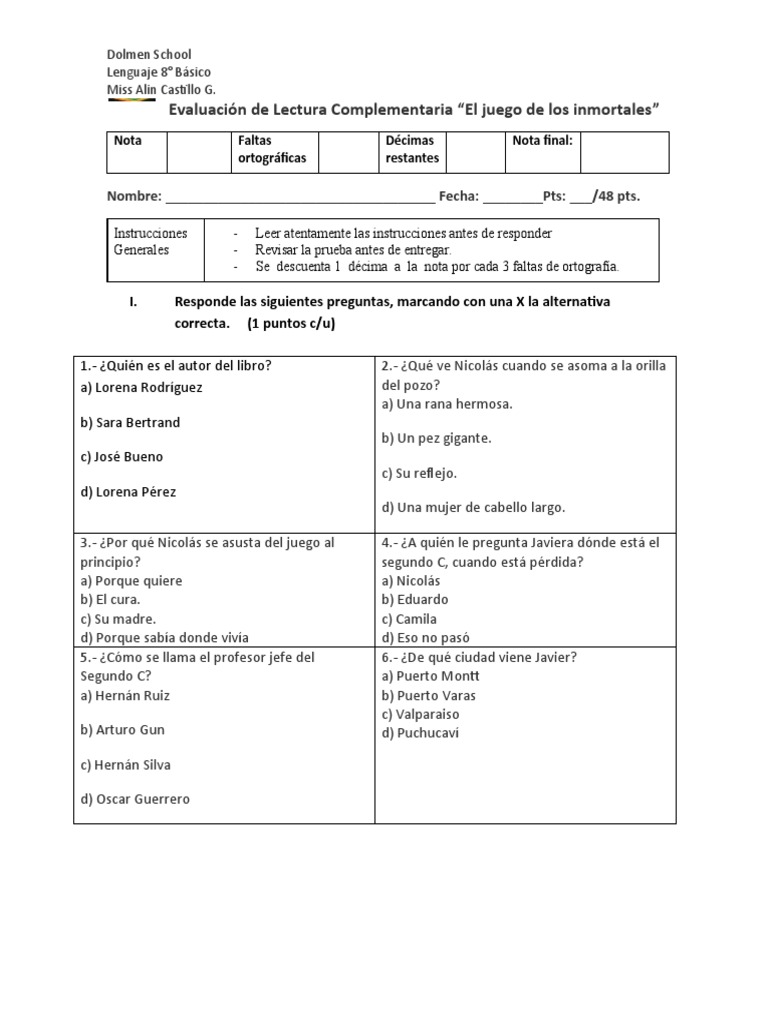 Evaluación de Lectura - El Juego de Los Inmortales | PDF