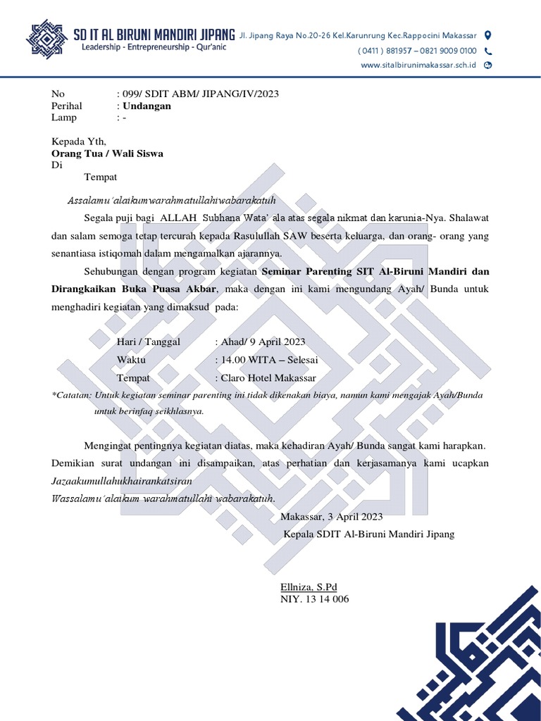 Contoh Surat Undangan Parenting | PDF