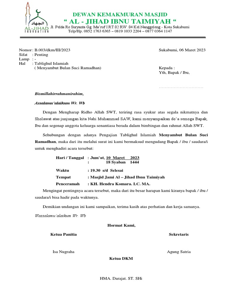 Surat Undangan Tarhib Ramadhan 1444 H | PDF