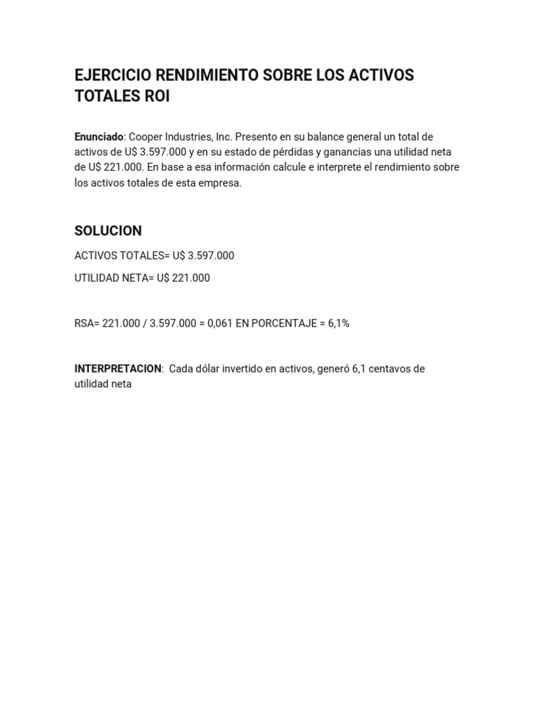 Ejercicio Rendimiento Sobre Los Activos Totales Roi: Solucion | PDF