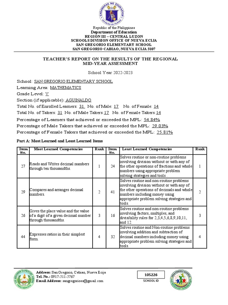 Sample Teachers Report Rma Math5 | PDF | Multiplication | Mathematics