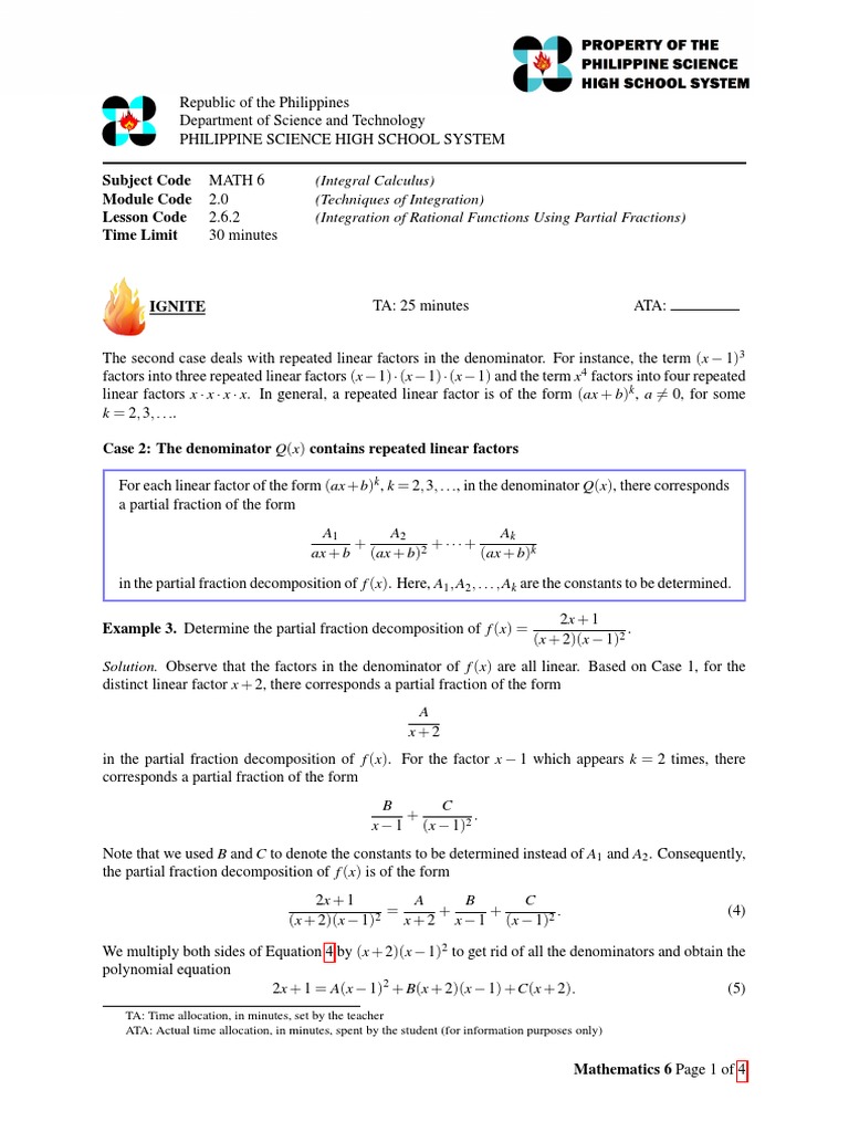 SLG Math6 2.6.2 Integration of Rational Functions Using Partial ...