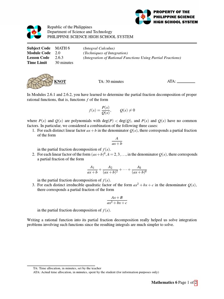 SLG Math6 2.6.3 Integration of Rational Functions Using Partial ... SLG Math6 2.6.3 Integration of Rational Functions Using Partial ...