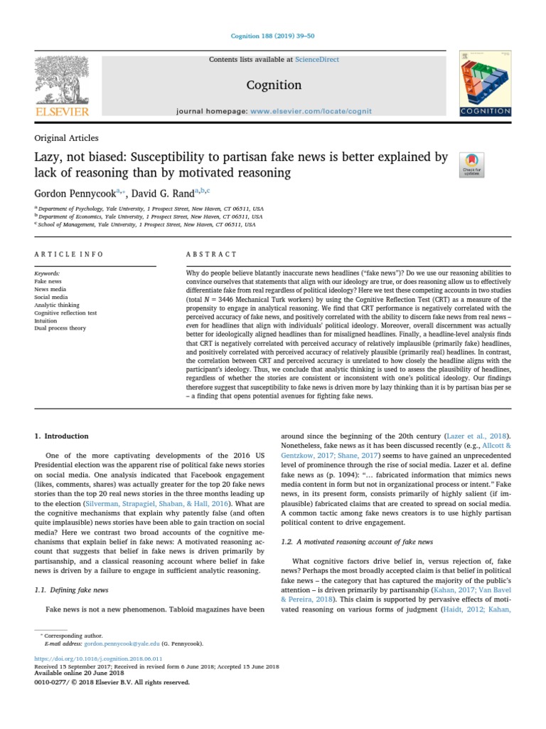 Pennycook G. & Rand D. (2019) - Susceptibility to partisan fake news is ...
