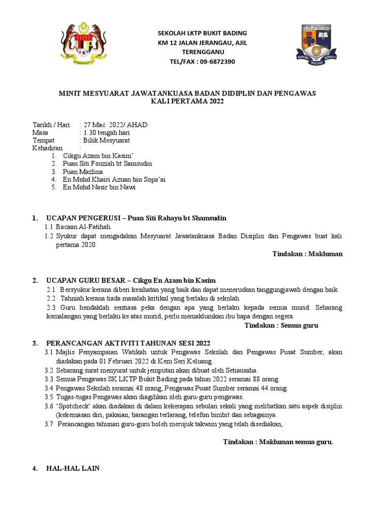 Minit Mesyuarat Pengawas 2022 | PDF