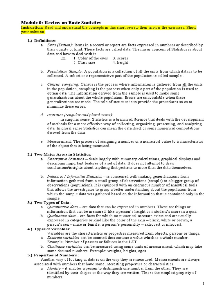 Basic Statistics Review Guide | PDF | Statistics | Sampling (Statistics)