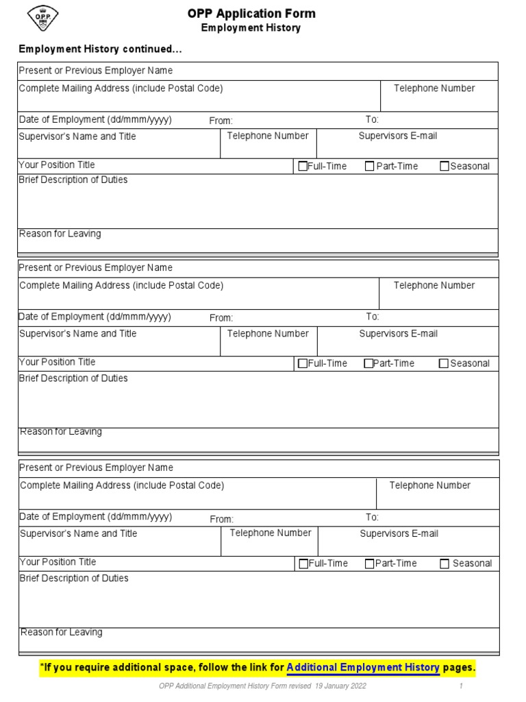 OPP Additional Employment History Form | PDF