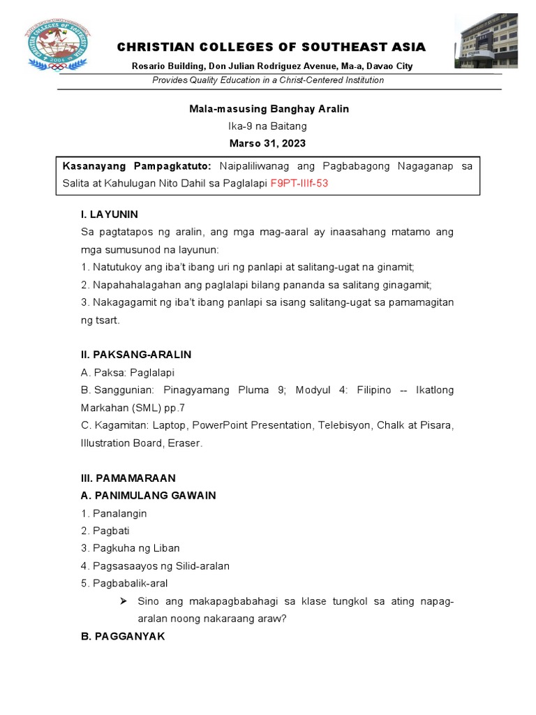 Banghay Aralin Sa Mga Paraan Sa Paglalapi | PDF