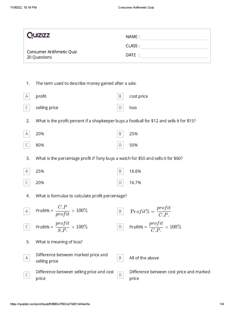 Consumer Arithmetic Quiz | PDF | Percentage | Profit (Economics)